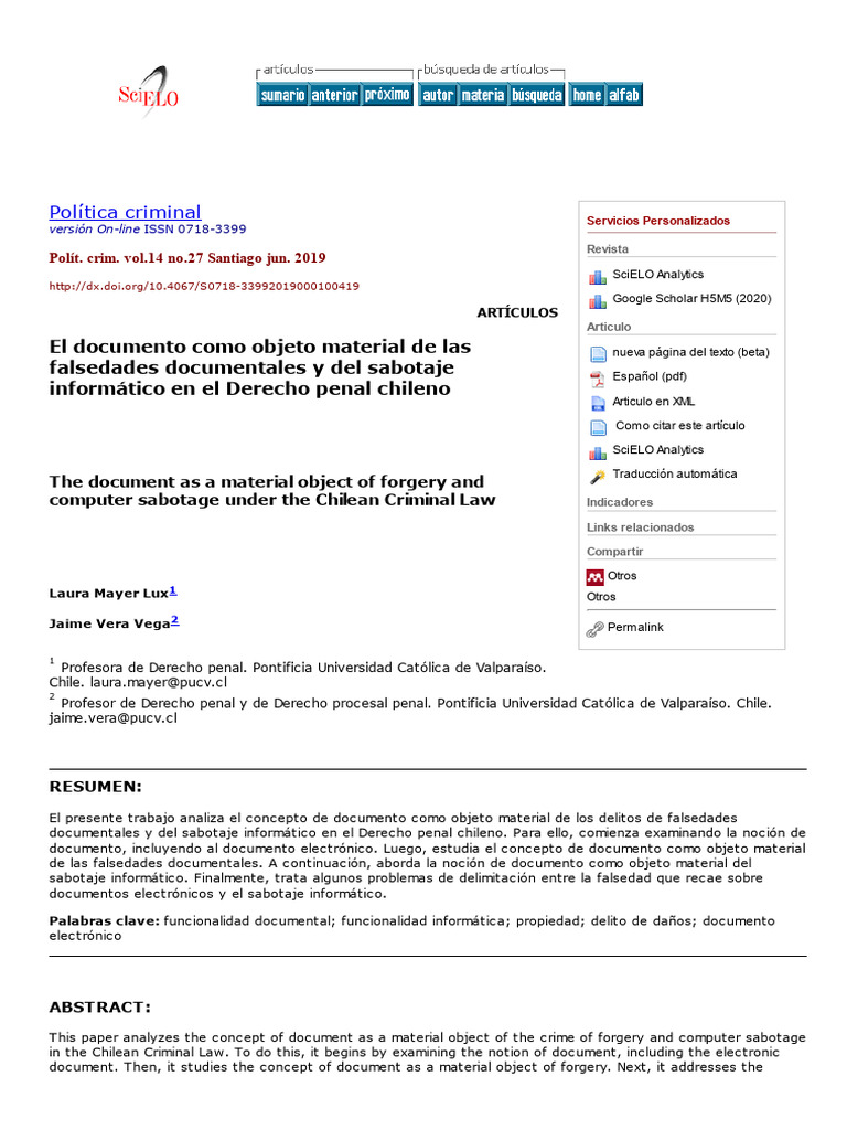 El documento como objeto material de las falsedades documentales y del sabotaje informático en ...