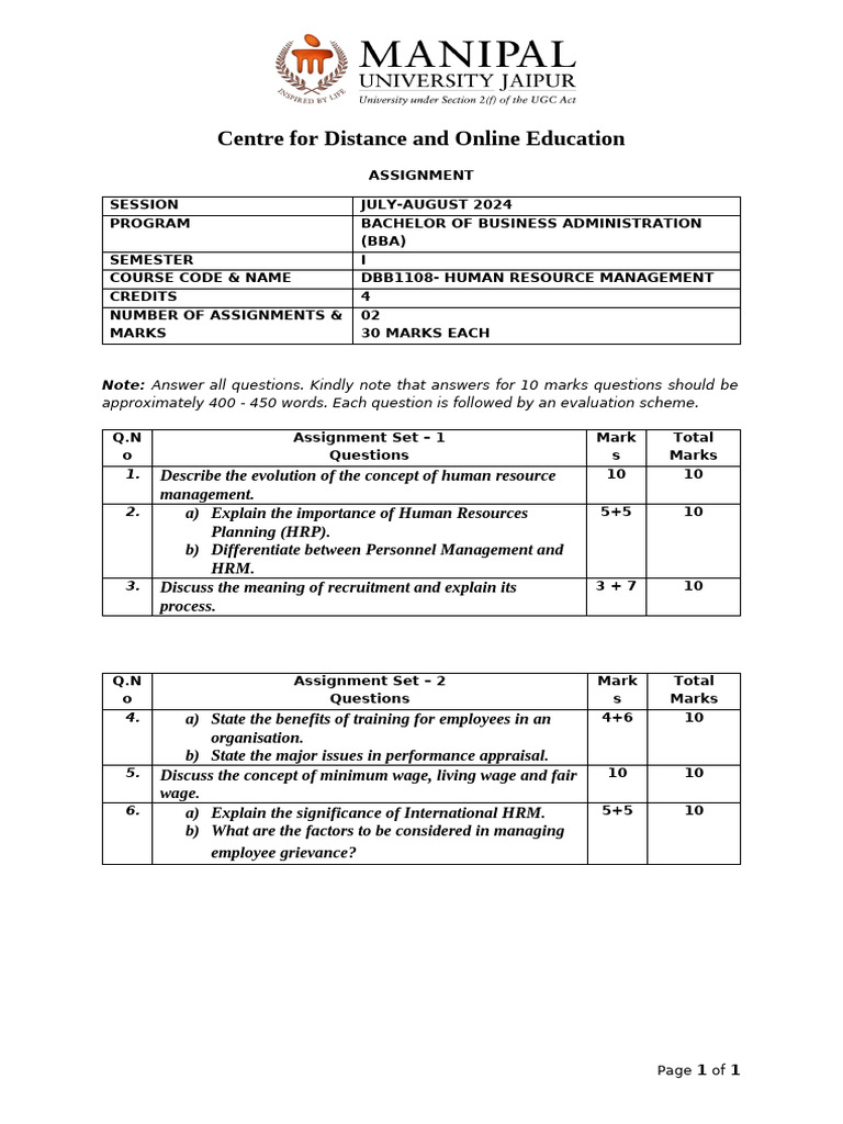 Assignment - DBB1108 - BBA Sem I - Set 1 and 2 - Jul-Aug - 2024 | PDF