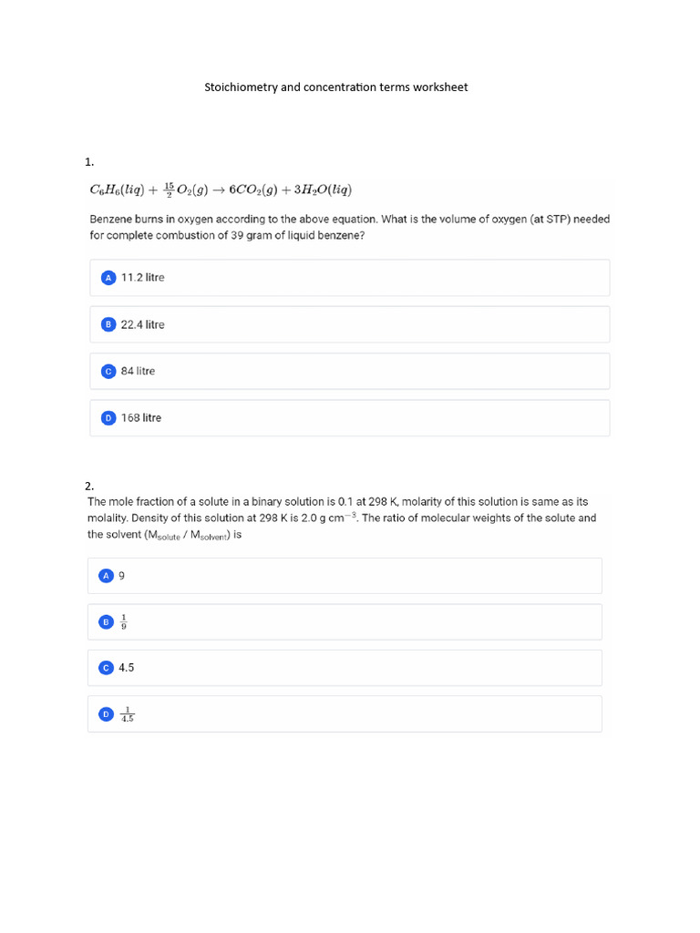 stoich & conc terms ws | PDF