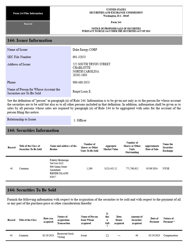 Form 144: Duke Energy Securities Sale | PDF | Securities (Finance ...