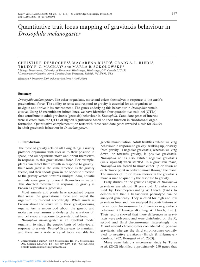 Quantitative Trait Locus Mapping of Gravitaxis Behaviour in Drosophila Melanogaster | PDF ...