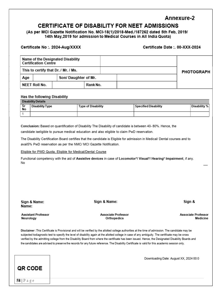 Annexure-2 Certificate of Disability For Neet Admissions | PDF