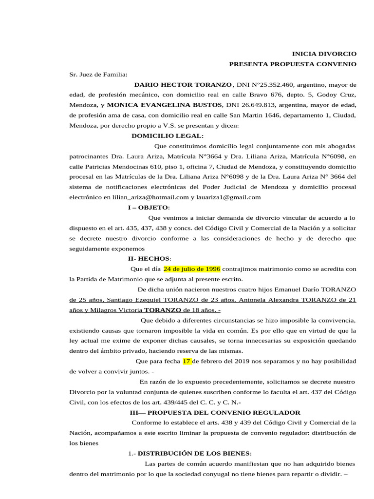 DEMANDA DE DIVORCIO DE COMUN ACUERDO - Doc1 | PDF | Divorcio | Demanda judicial