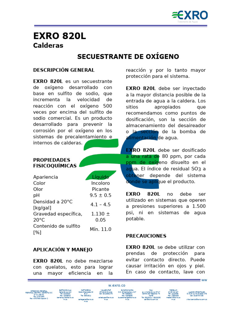 Secuestrante de Oxígeno EXRO 820L | PDF | Agua | Oxígeno