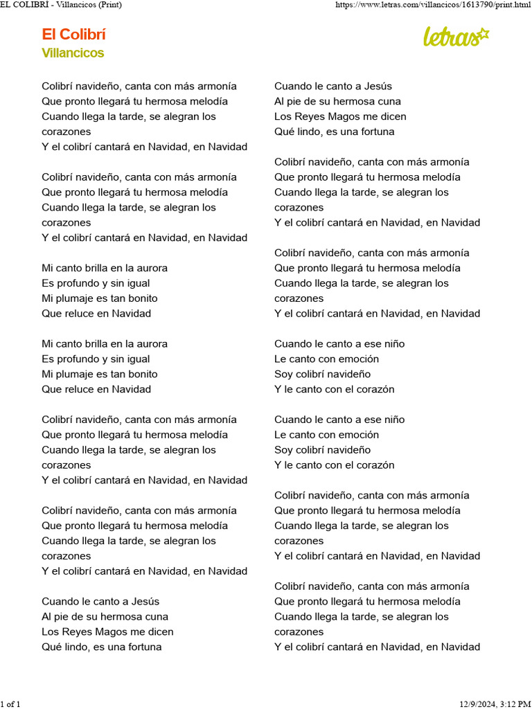 Colibrí Navideño: Canto y Alegría | PDF | Navidad | Villancicos