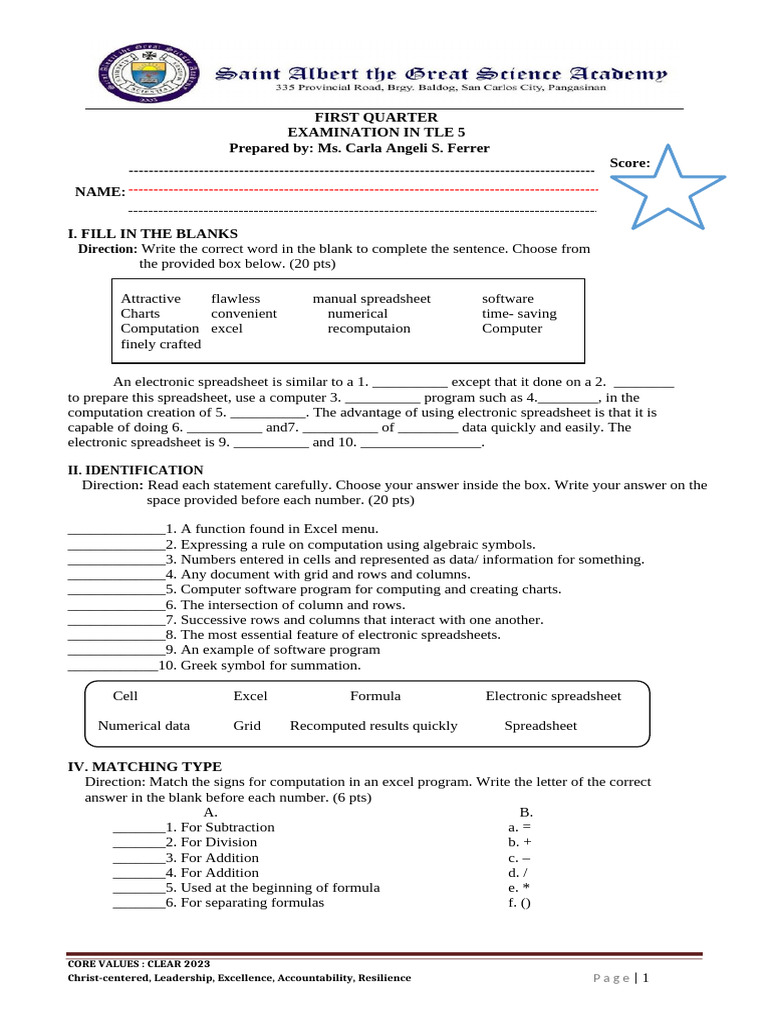 1st EXAMINATION IN TLE 5 edited | PDF | Spreadsheet | Microsoft Excel