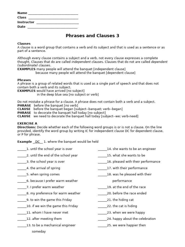 Phrases and Clauses Practice 3 and 4 | PDF | Phrase | Clause