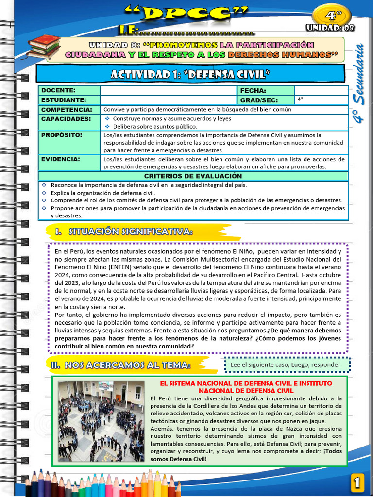 4° DPCC - Actv.01-Unid.8 2023 | PDF | Defensa Civil | Perú