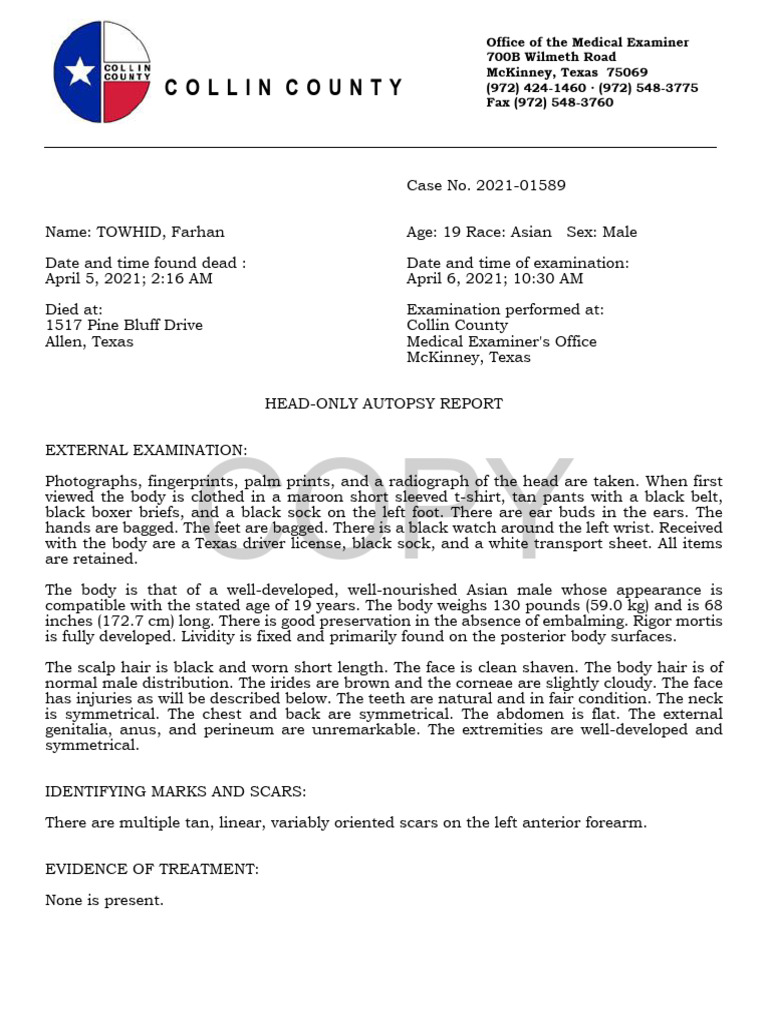 Farhan Towhid Autopsy Report | PDF | Skull | Autopsy