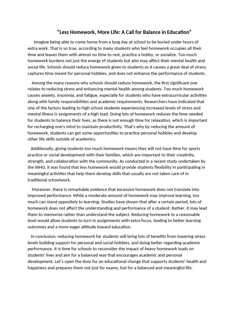 Abdulrahman - Less Homework, Persuasive Essay | PDF | Homework | Stress ...