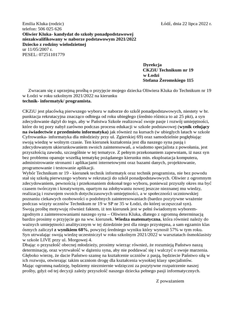 Podanie Oliwier Programista | PDF