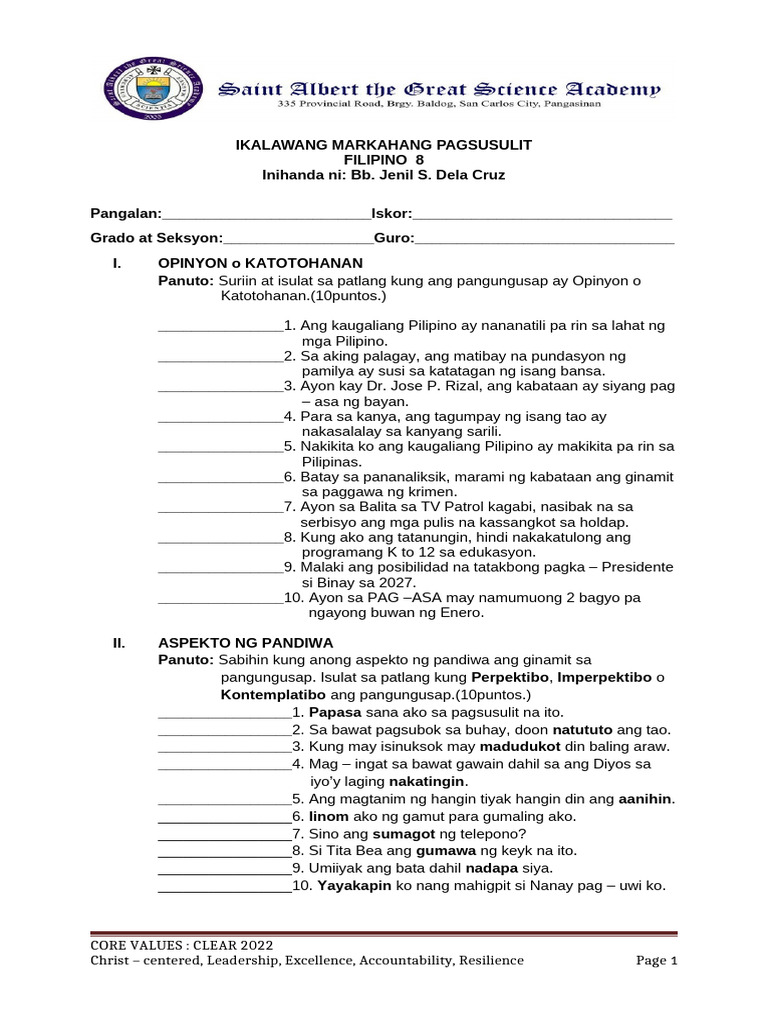 2ND QUARTER EXAM FILIPINO 8 DONE FINAL | PDF