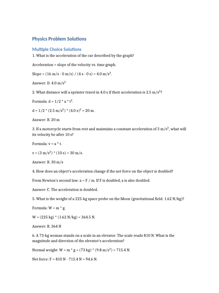 Physics Problem Solutions and Explanations | PDF | Force | Acceleration