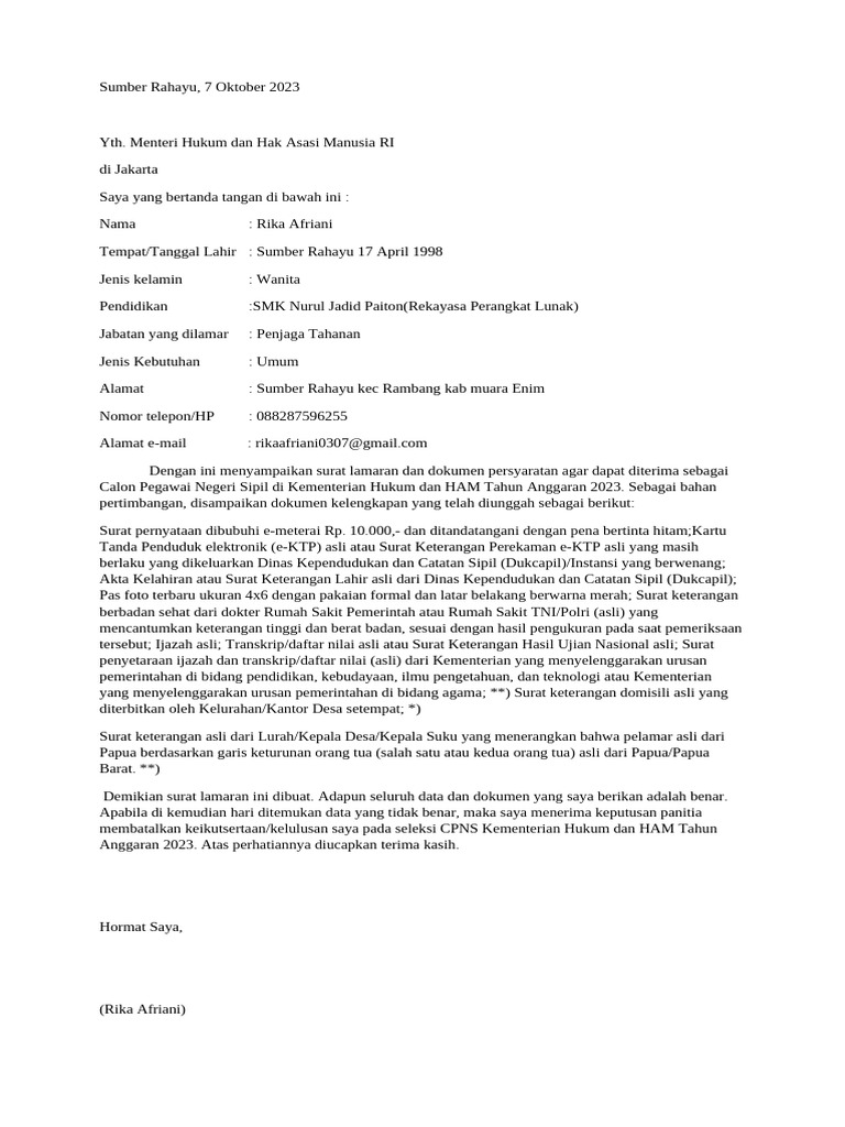 surat lamaran mbak rika | PDF