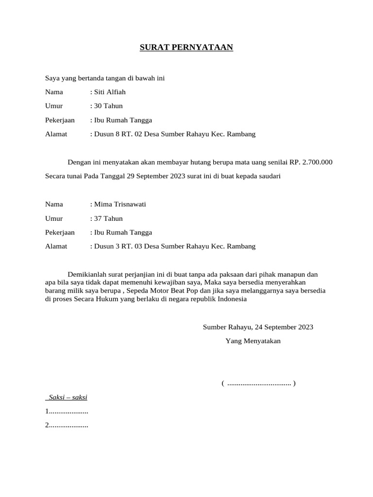 SURAT PERJANJIAN AYUK MIMA | PDF