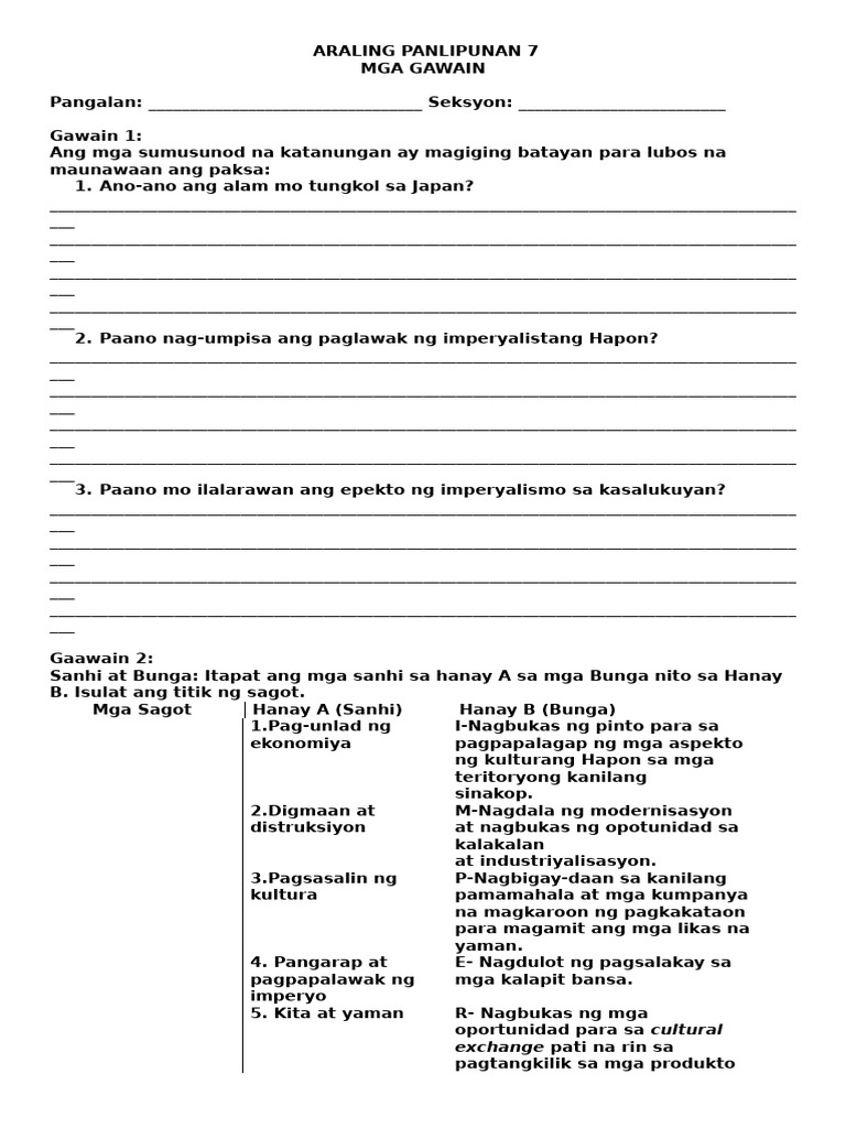 ARALING PANLIPUNAN 7 Activities | PDF