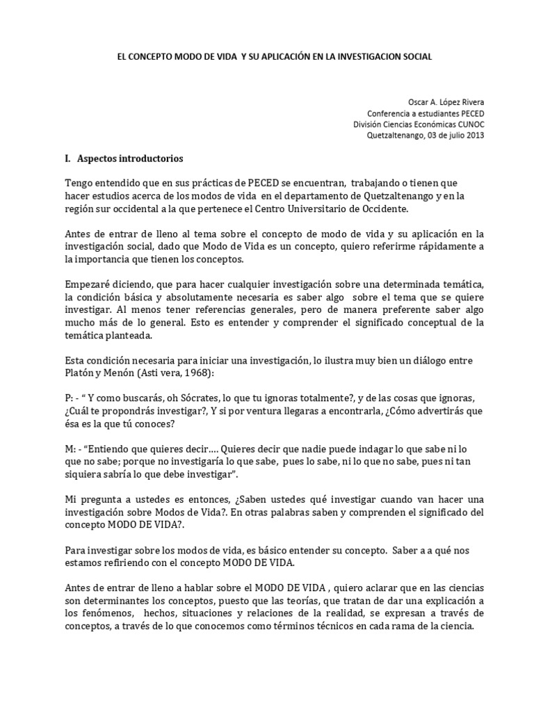 Modo de Vida en Investigación Social | PDF | Sociedad | Concepto