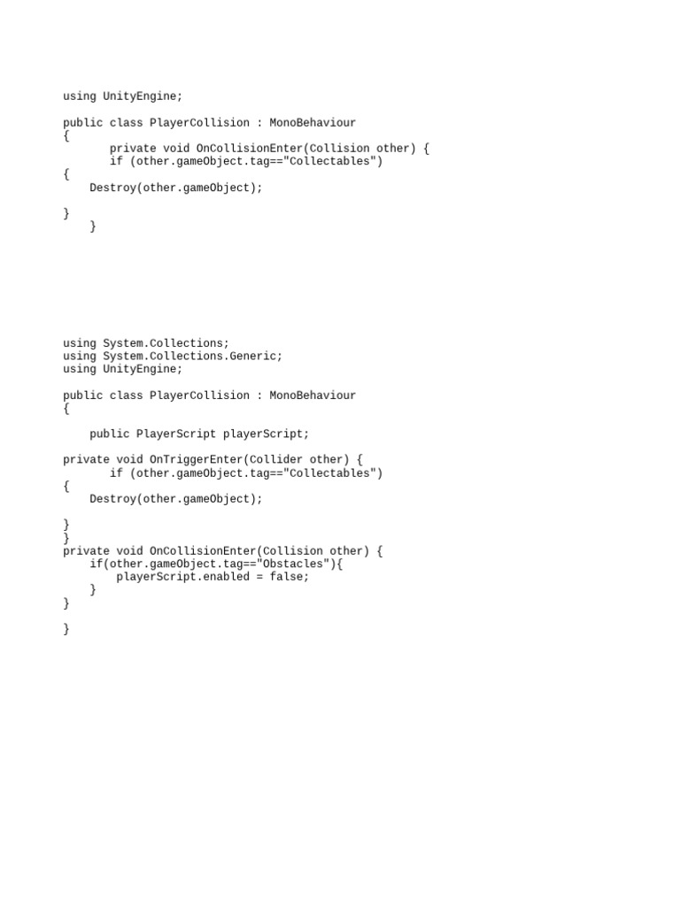 Unity Player Collision Script | PDF