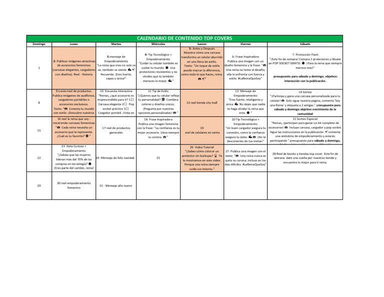 Calendario de Contenido para Top Covers | PDF