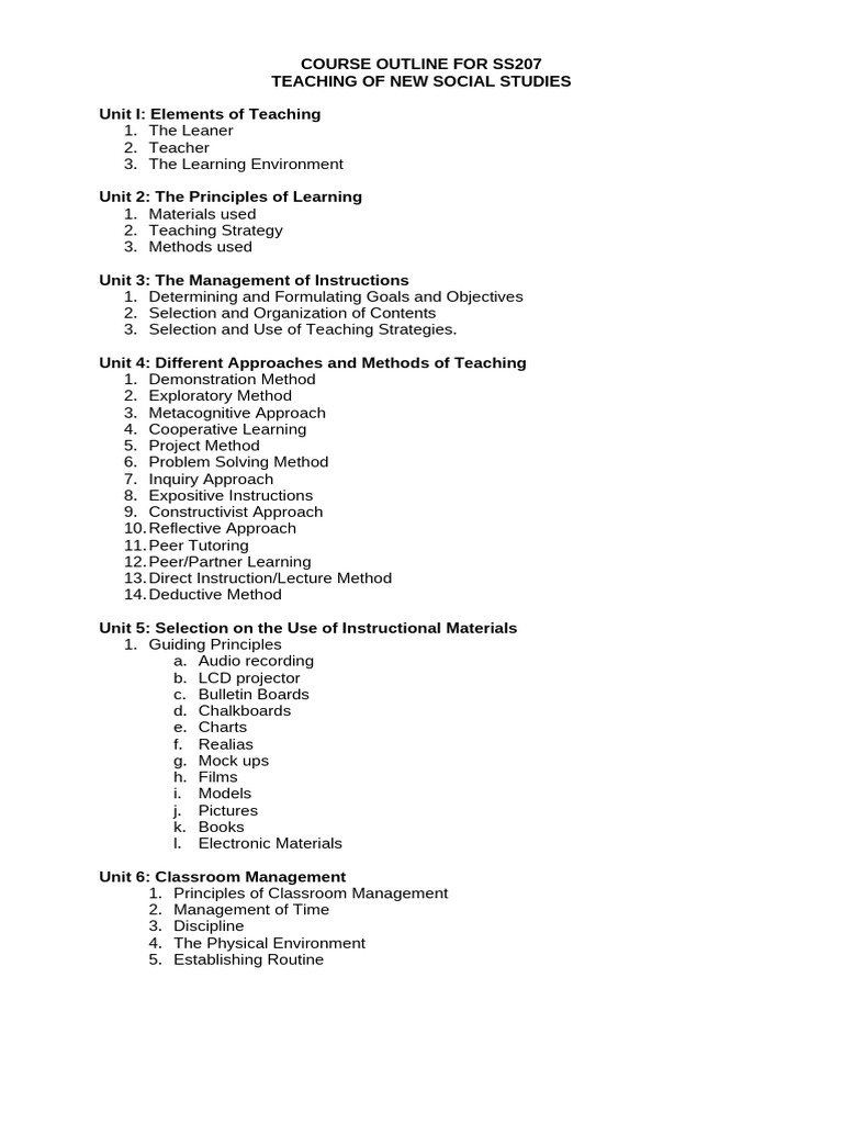 Course Outline For Maed SS207 Teaching New Social Studies | PDF