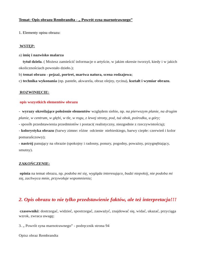 Lekcja 3. - Kl. 6, Opis Obrazu | PDF