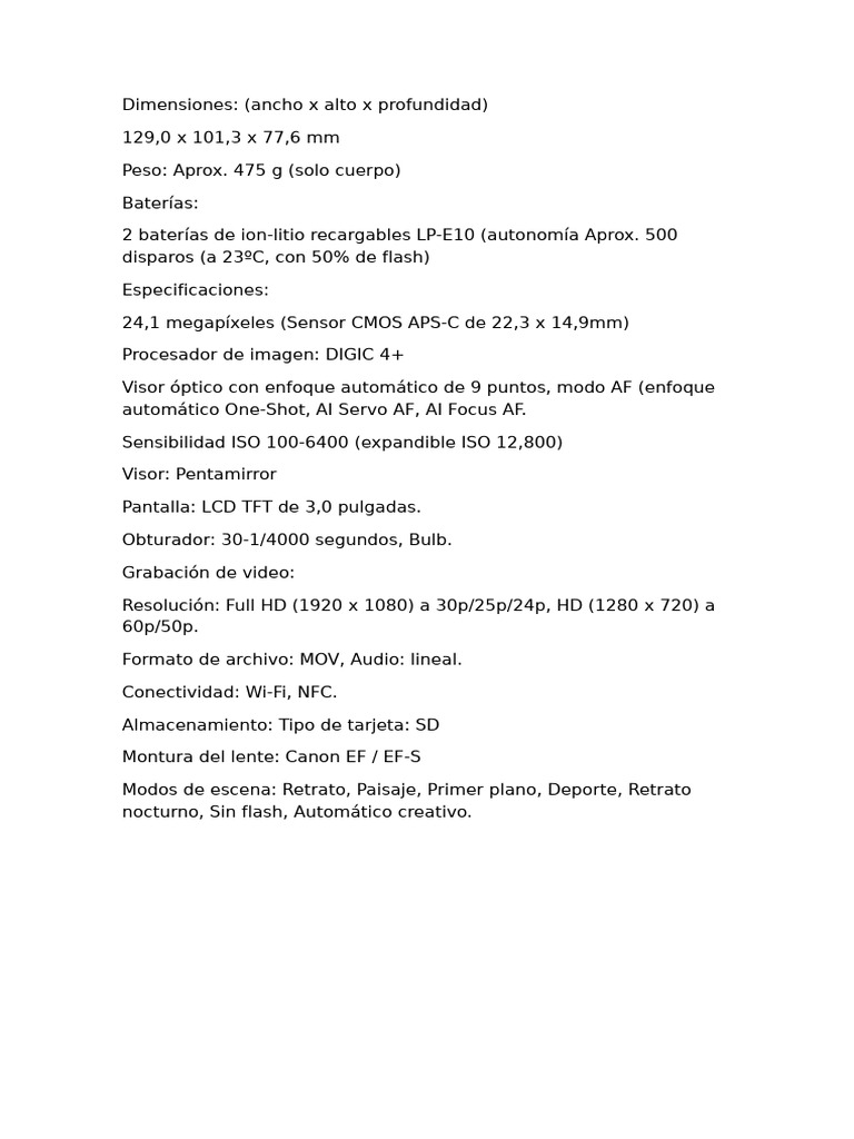 Canon 2000d Especificaciones | PDF