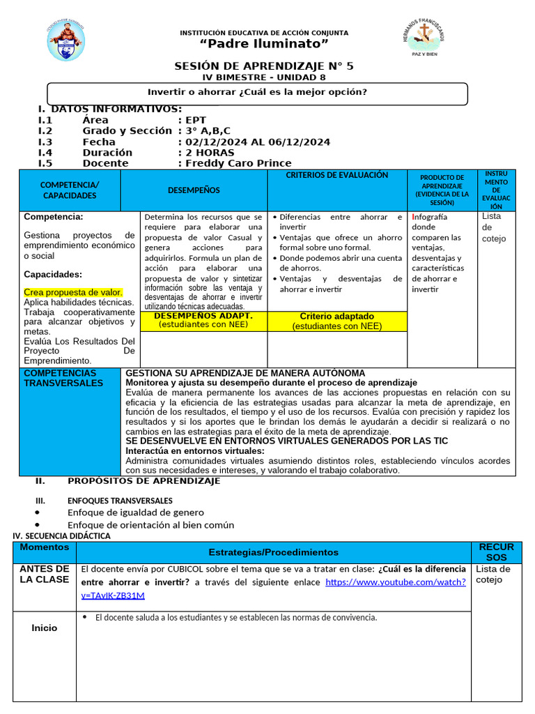 SESIÓN DE EPT DEL 02 AL 06 DE DICIEMBRE 3° A. B. C FREDDY CARO PRINCE | PDF | Aprendizaje ...