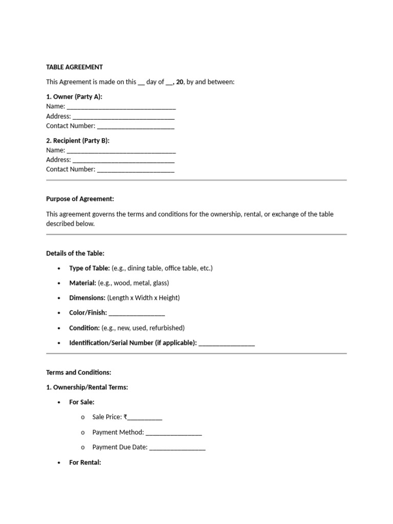 Table Ownership and Rental Agreement | PDF