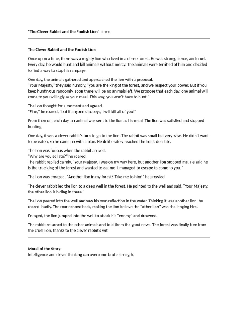 Clever Rabbit Outsmarts Foolish Lion | PDF