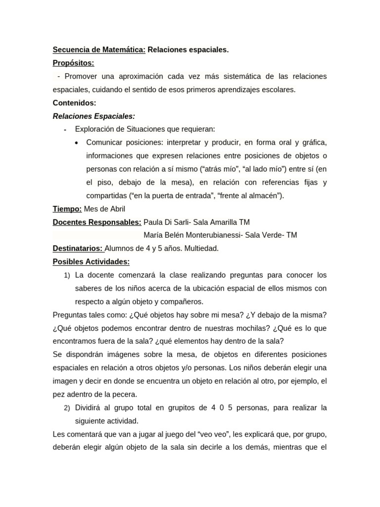 Relaciones Espaciales en Educación Infantil | PDF