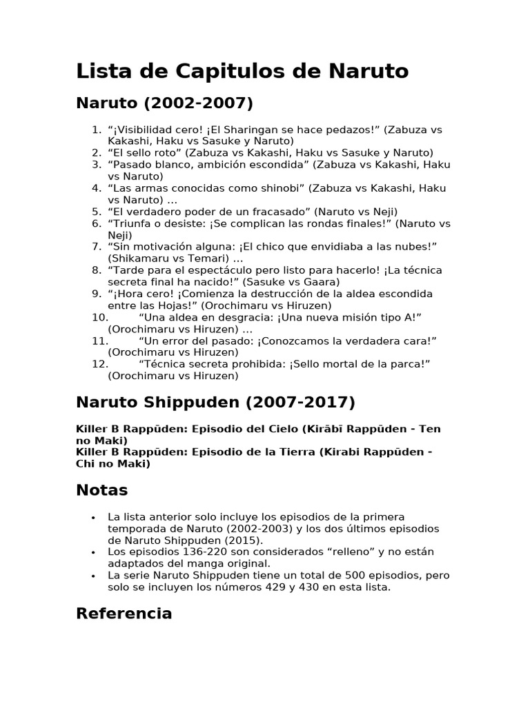 Lista de los primeros 12 Capitulos de Naruto | PDF
