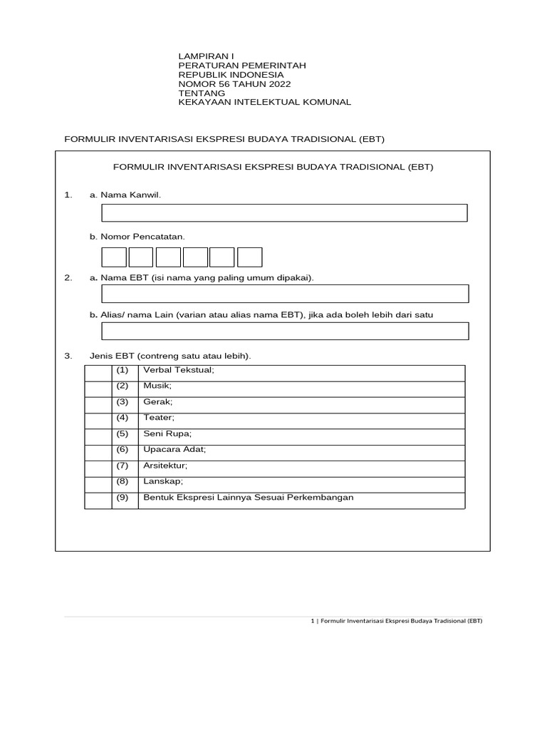 Formulir Inventarisasi Ekspresi Budaya Tradisional (EBT) | PDF