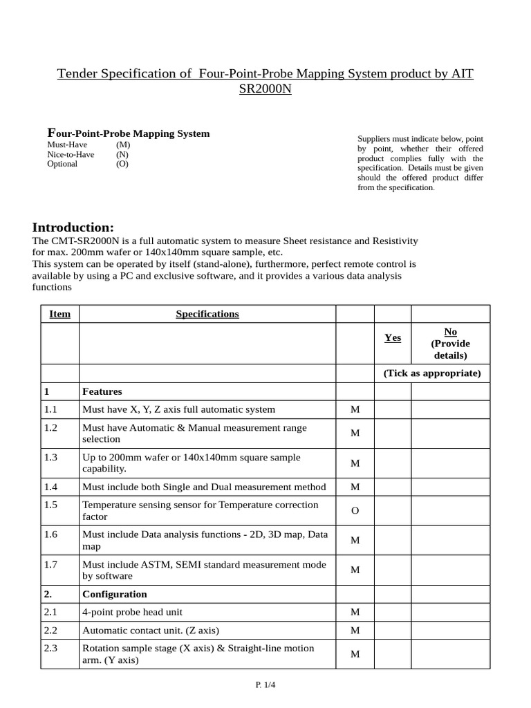 Specification of Four-Point-Probe Mapping System Product by AIT SR2000N | PDF | Specification ...