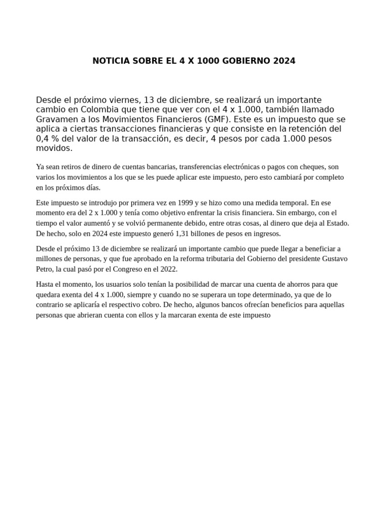 Cambios en el 4x1000 en Colombia 2024 | PDF