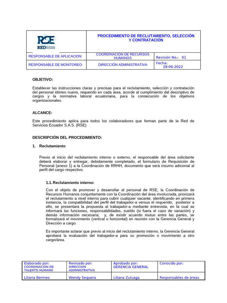 Procedimiento de Reclutamiento, Seleccion y Contratacion v1 | PDF | Gestión de recursos humanos ...