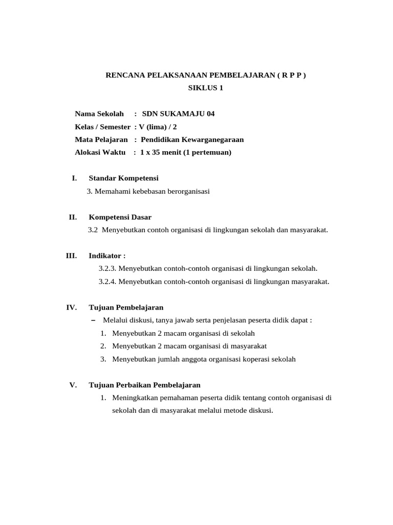 RPP PKn Kelas V Siklus 1 | PDF