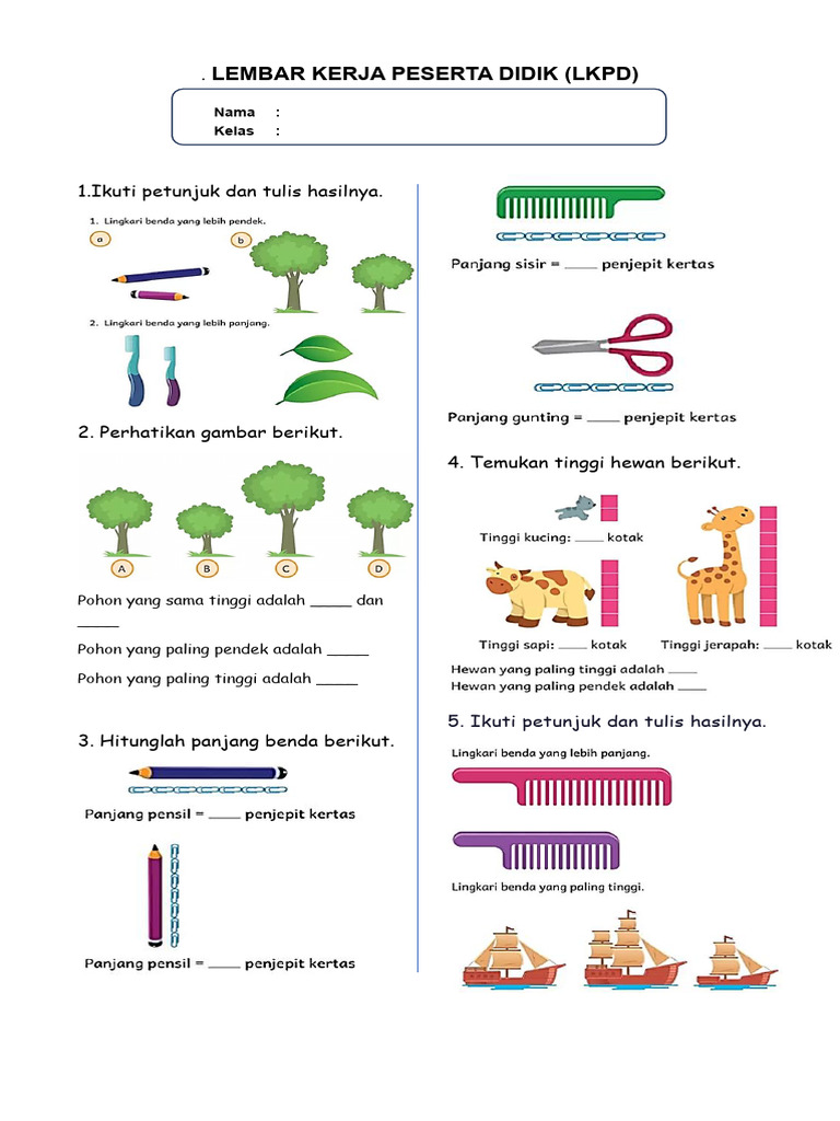 LKPD Matematika Kelas 1 Pengukuran Panjang | PDF