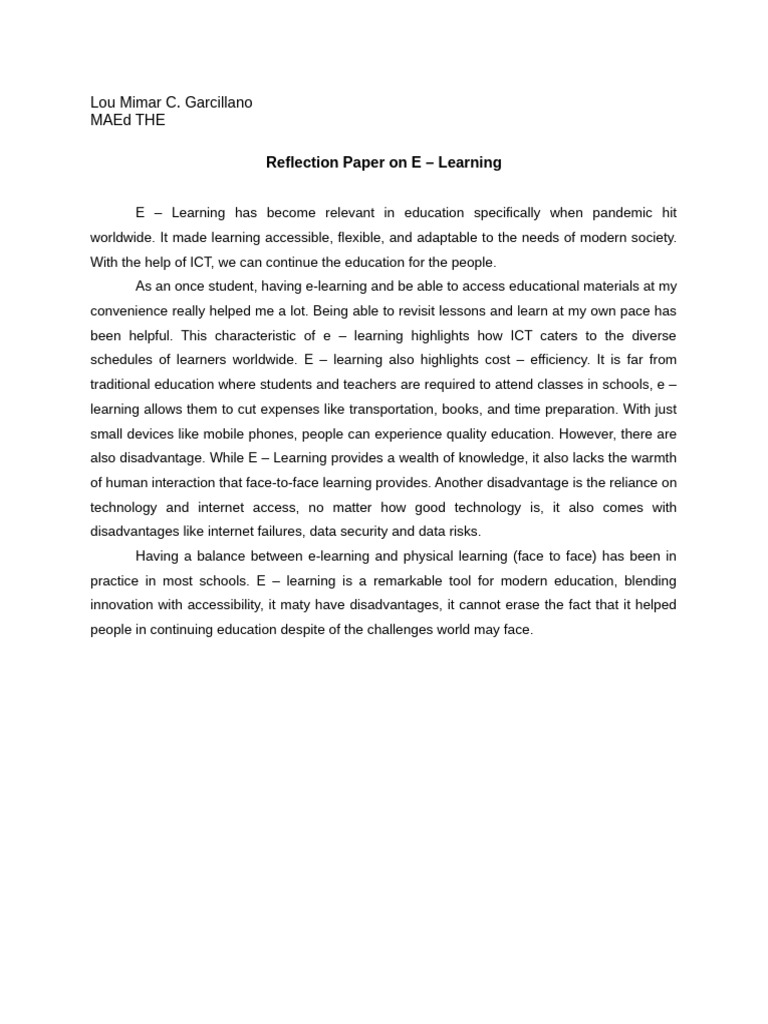 Reflection On E - Learning | PDF