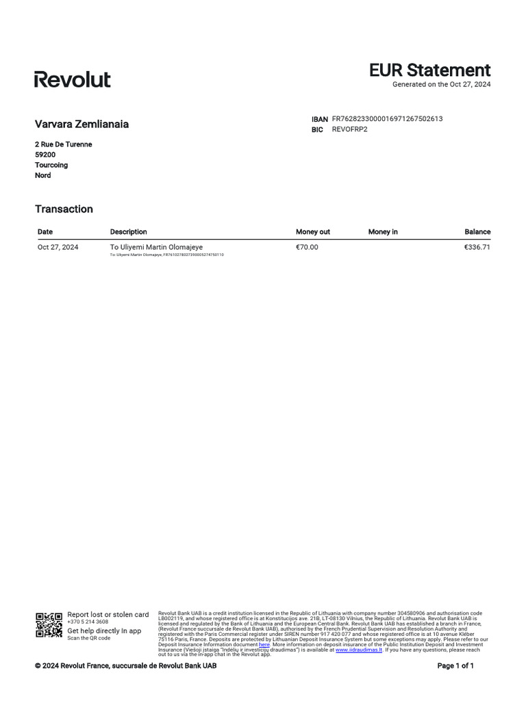Revolut EUR Statement - Oct 2024 | PDF | Payments | Personal Finance