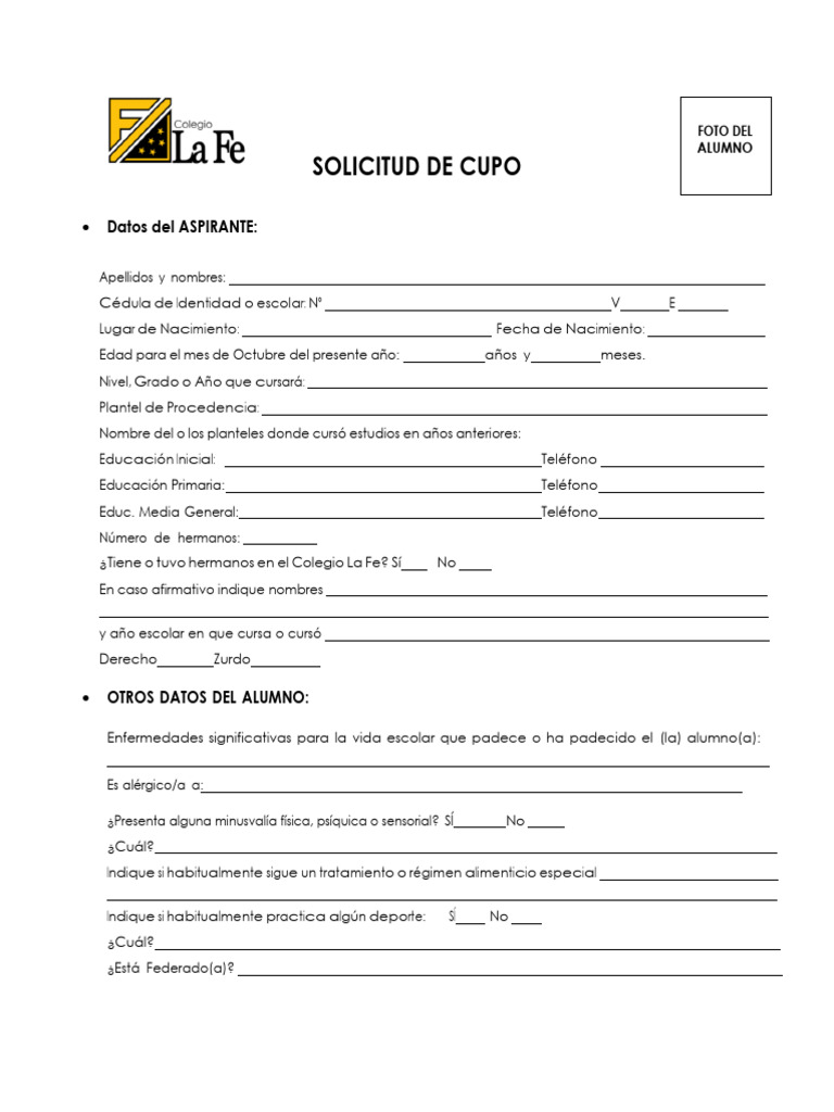 Planilla - Solicitud - Cupo COLEGIO LA FE | PDF | Documento de identidad