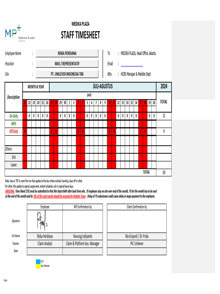 Form Time Sheet Riska Juli-Agus | PDF