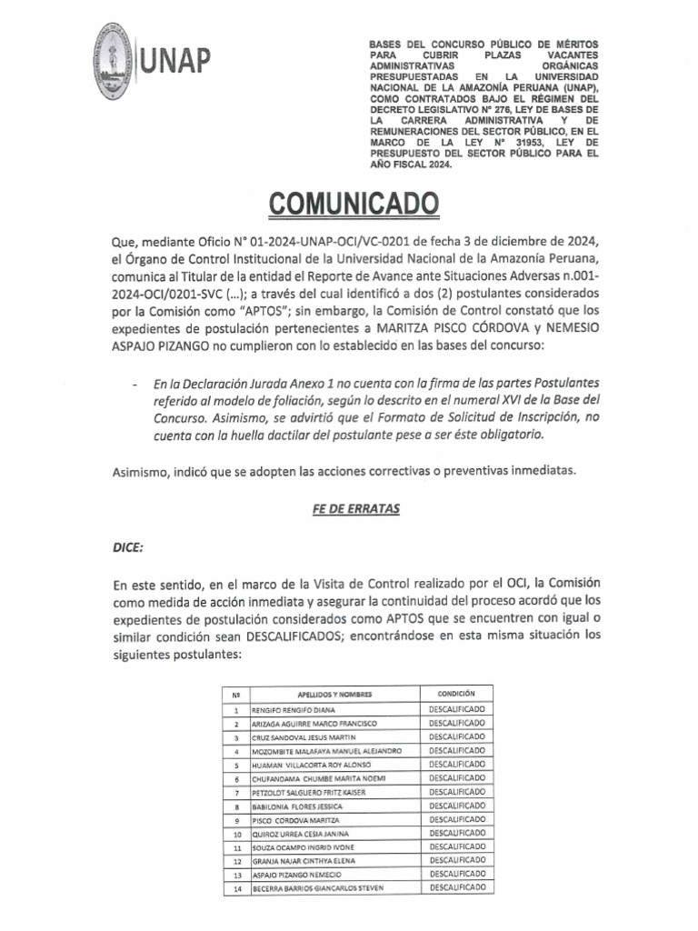 COMUNICADO 005 2024 - Fe de Erratas | PDF