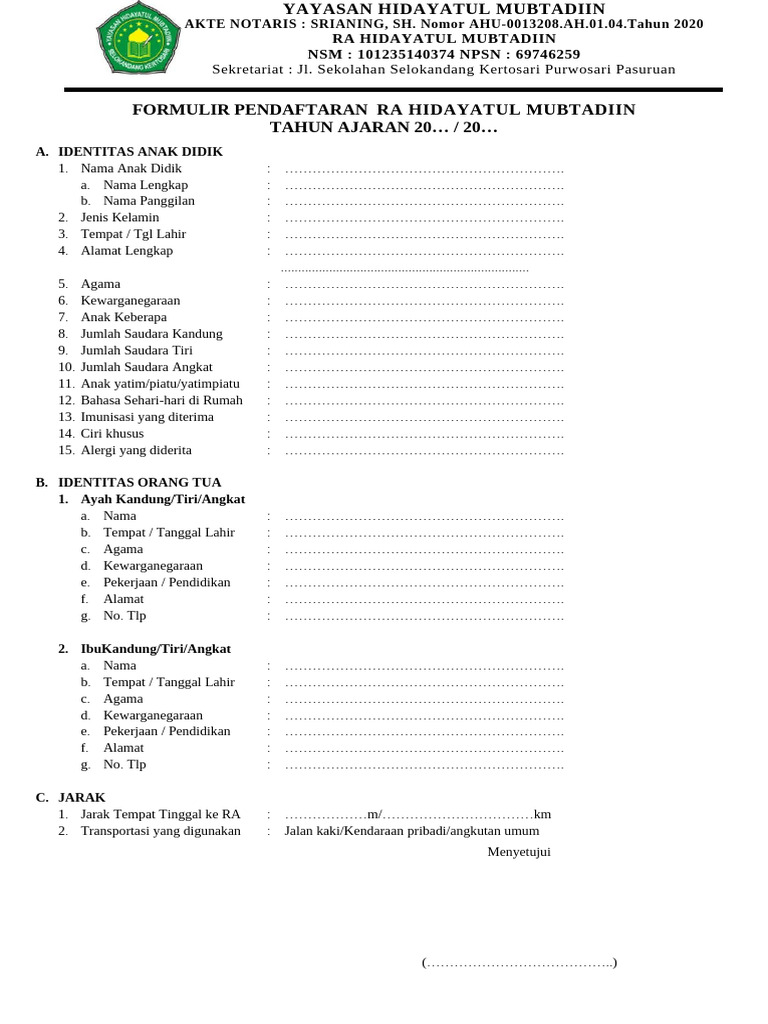 Formulir Pendaftaran KB Widiatmika | PDF