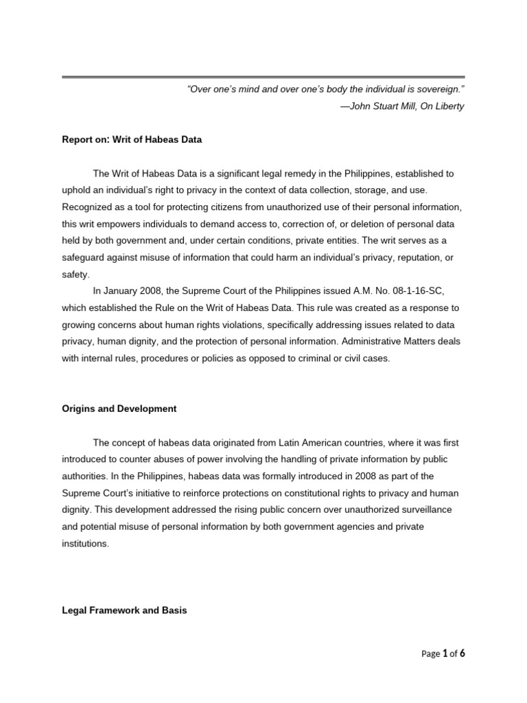 Report On Writ of Habeas Data | PDF | Habeas Corpus | Privacy