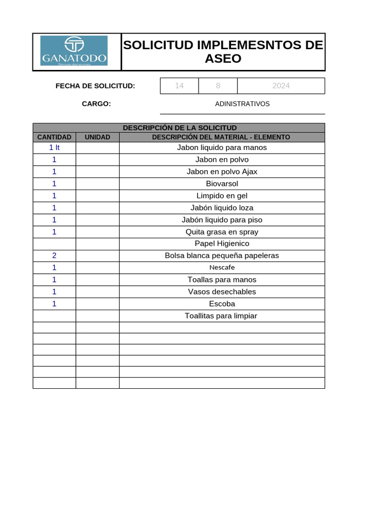 Solicitud Elementos de Aseo | PDF