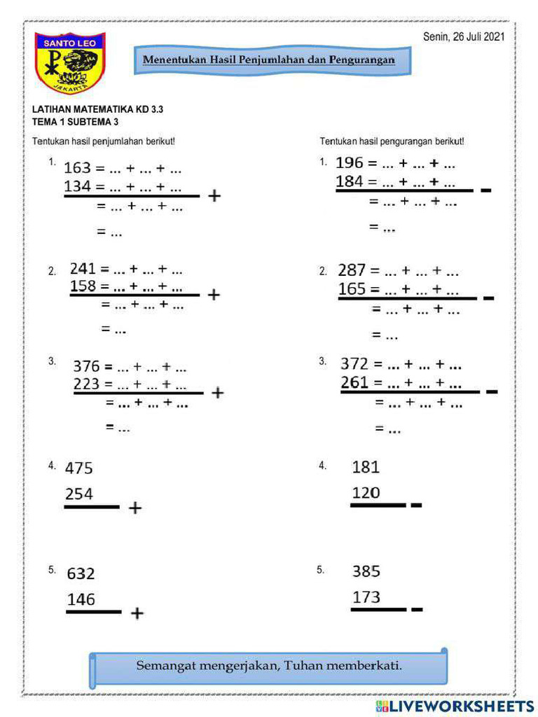 Latihan Mat Tema 1 ST 3 Worksheet | PDF