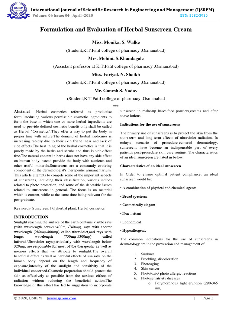 Formulation and Evaluation of Herbal Sunscreen Cream | PDF | Ultraviolet | Sunscreen