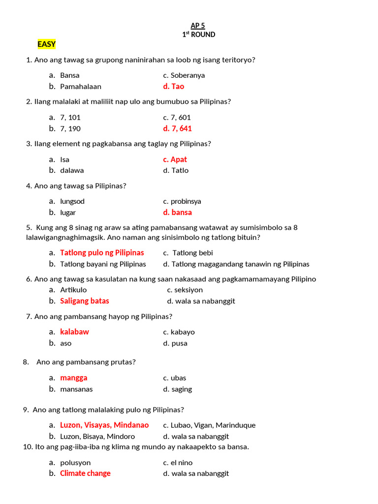 AP QUIZ BEE G.5-6 ANSWERS | PDF