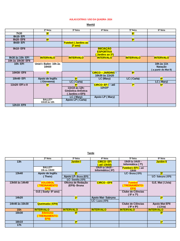 Aulas Extras 2024 - Uso Da Quadra | PDF