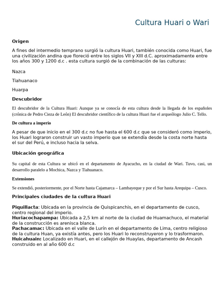 Cultura Huari o Wari | PDF